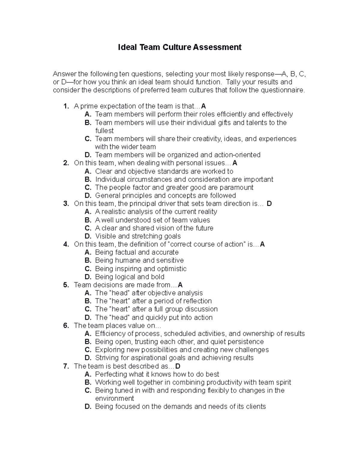 Ideal Team Culture Survey - Ideal Team Culture Assessment Answer the ...