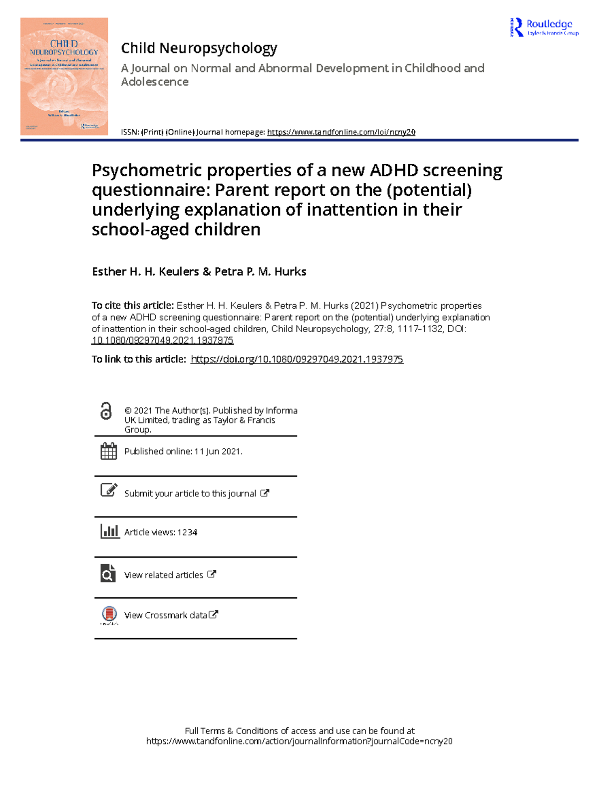 Psychometric properties of a new ADHD screening questionnaire Parent ...