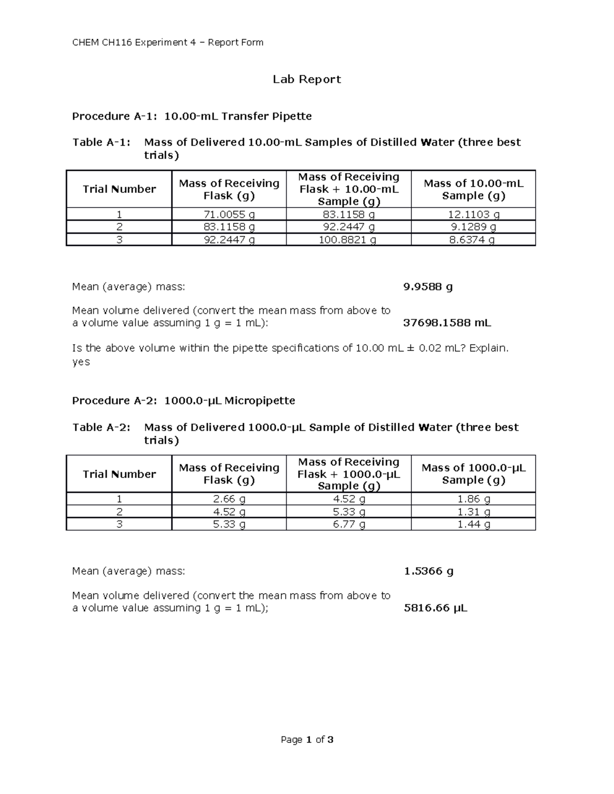 Experiment 4 - Chemistry Lab Report - CHEM CH116 Experiment 4 – Report ...