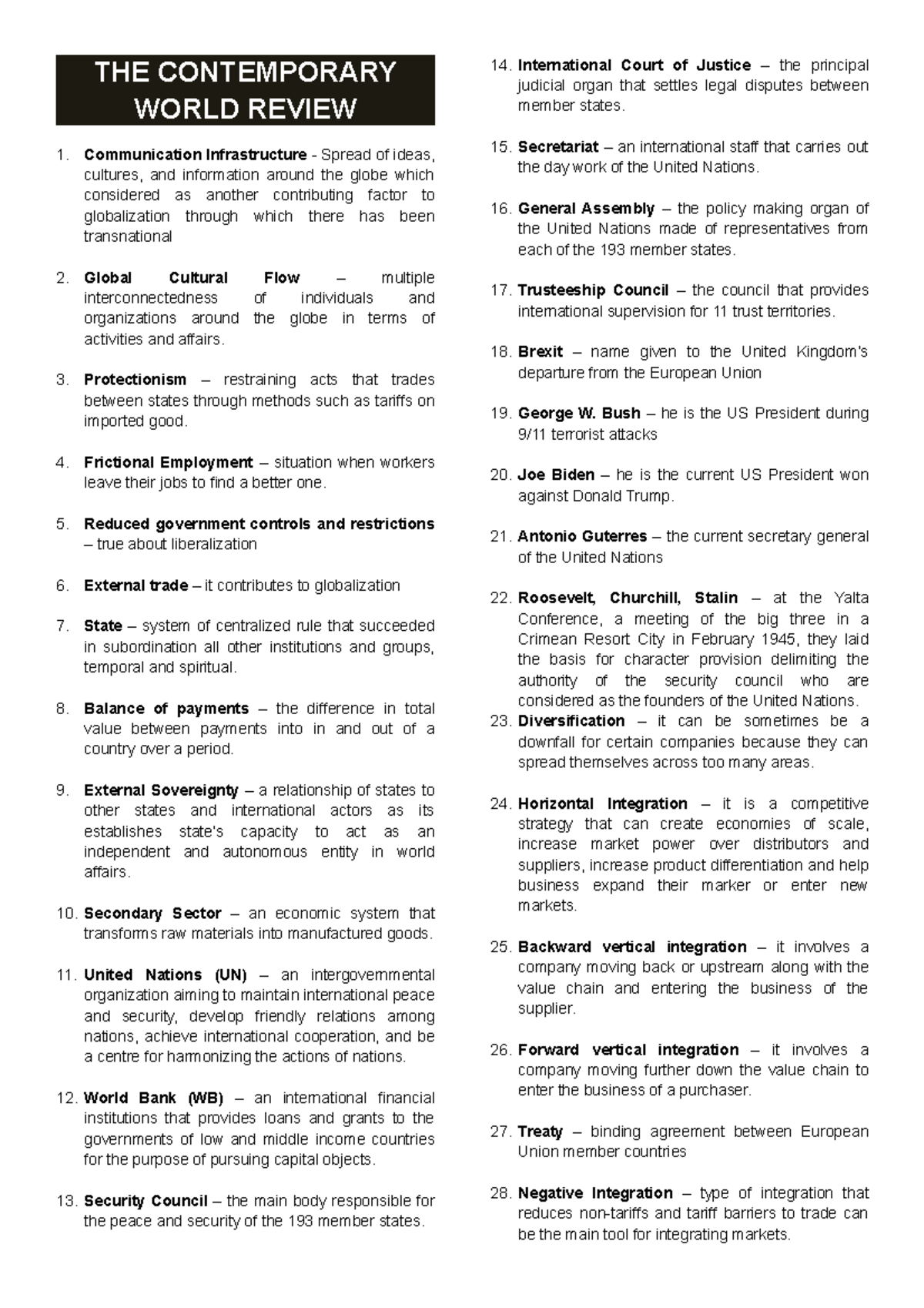 The Contemporary World - Key Terms to Remember (Exam Guide) - Studocu