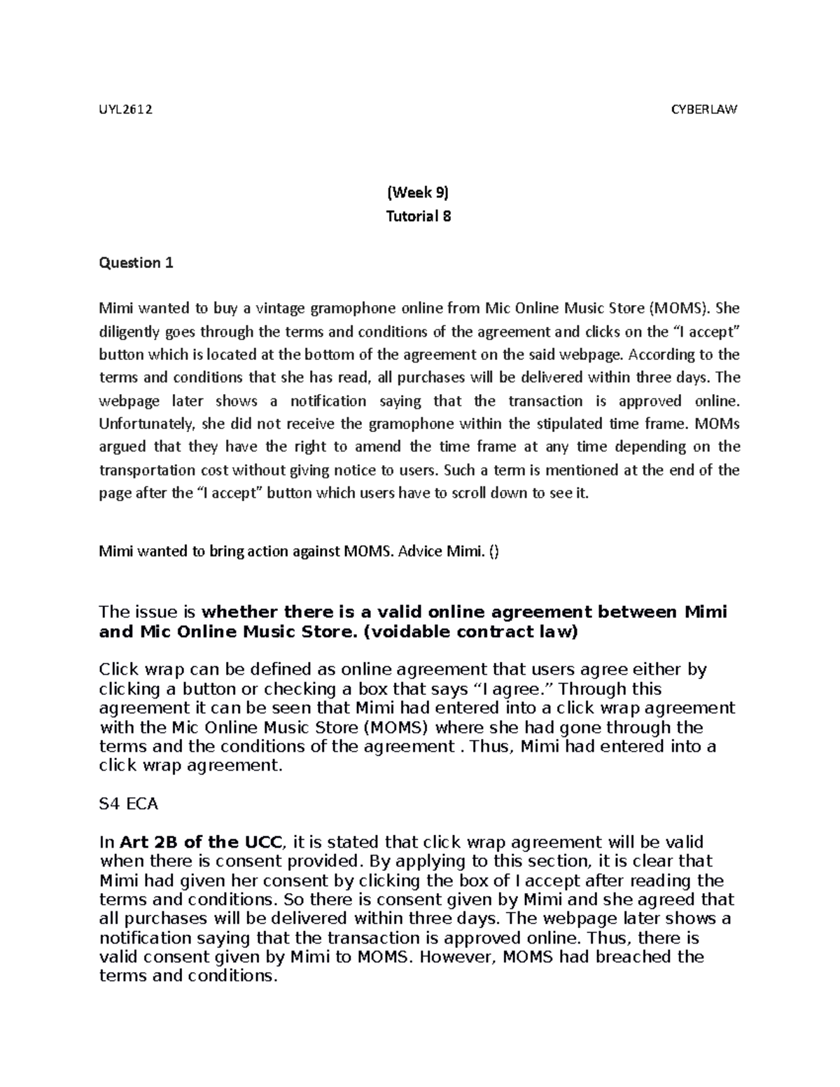 Tutorial week 9 - HJBCS CS C df ce c dc - UYL2612 CYBERLAW (Week 9) Tutorial 8 Question 1 Mimi ...