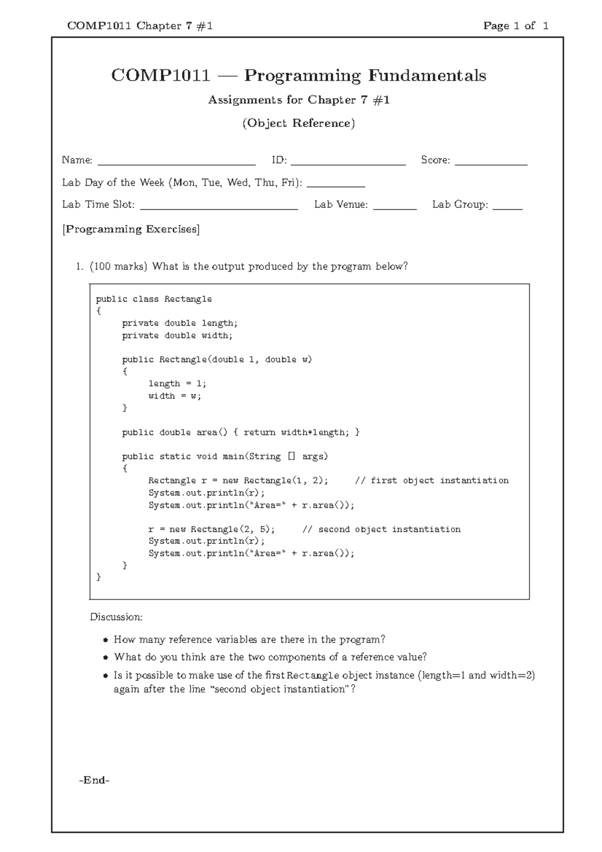 Pe7 1 - Assignment - COMP1011 Chapter 7 #1 Page 1 of 1 COMP1011 ...