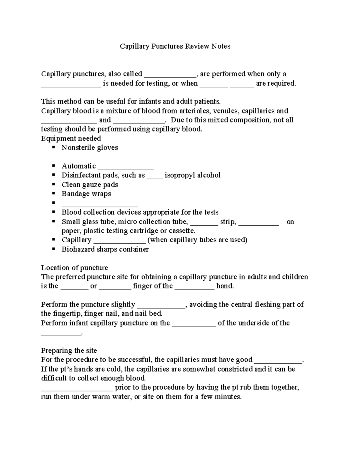 Capillary Punctures Review Notes - Capillary Punctures Review Notes ...