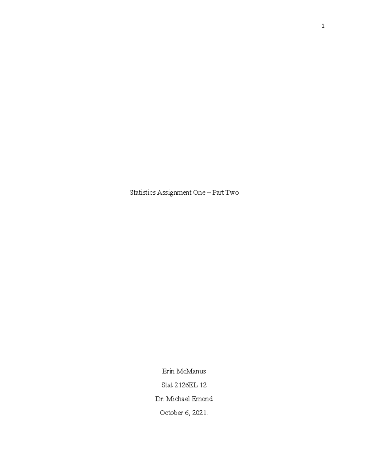 Assignment One part 2 - STAT-2126EG - Laurentian - Studocu