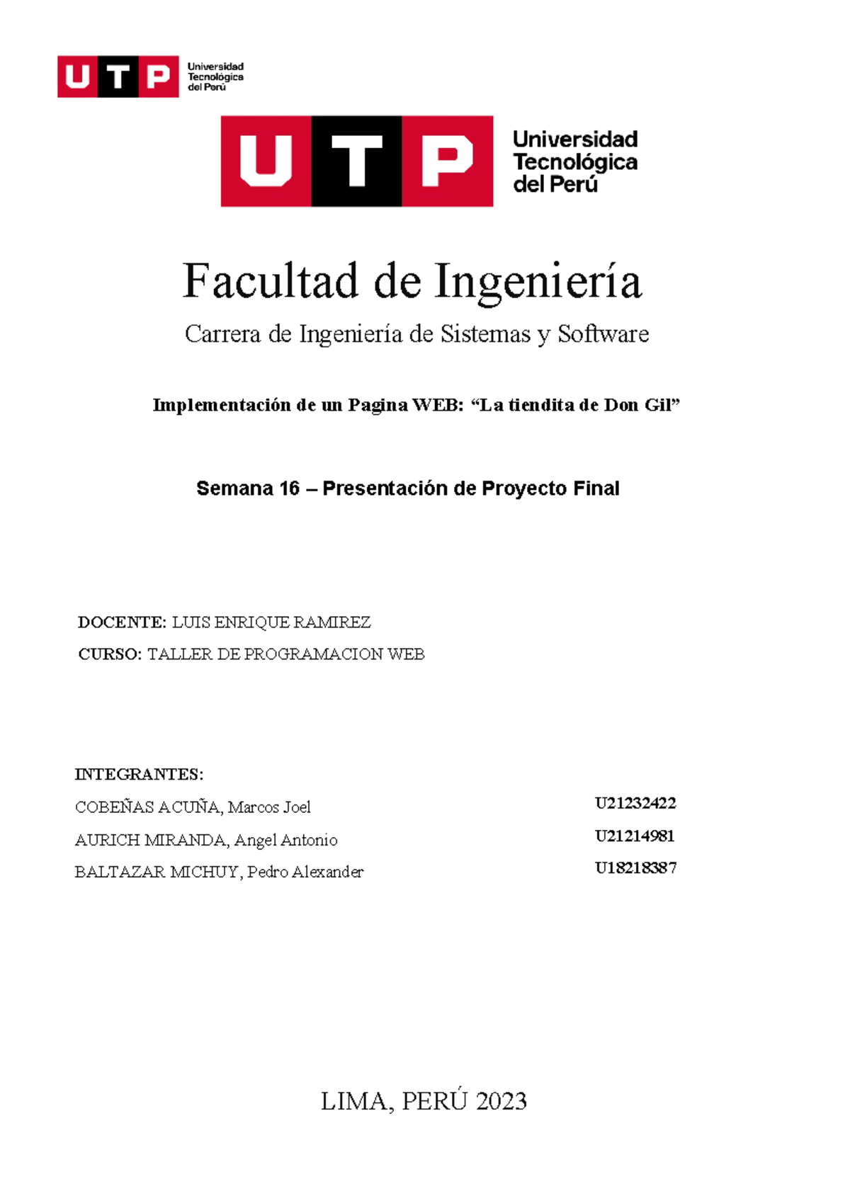 Presentacion Final Proyecto WEB - Facultad de Ingeniería Carrera de Ingeniería de Sistemas y ...