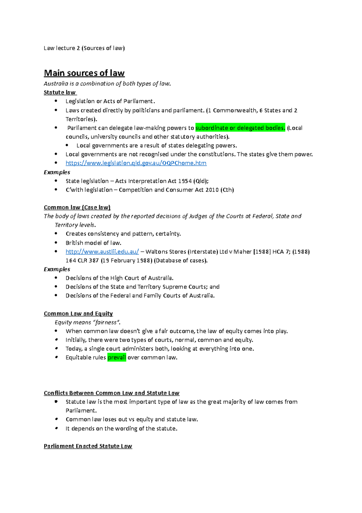 L2 - LECTURE 2, SOURCES OF LAW - Law lecture 2 (Sources of law) Main ...