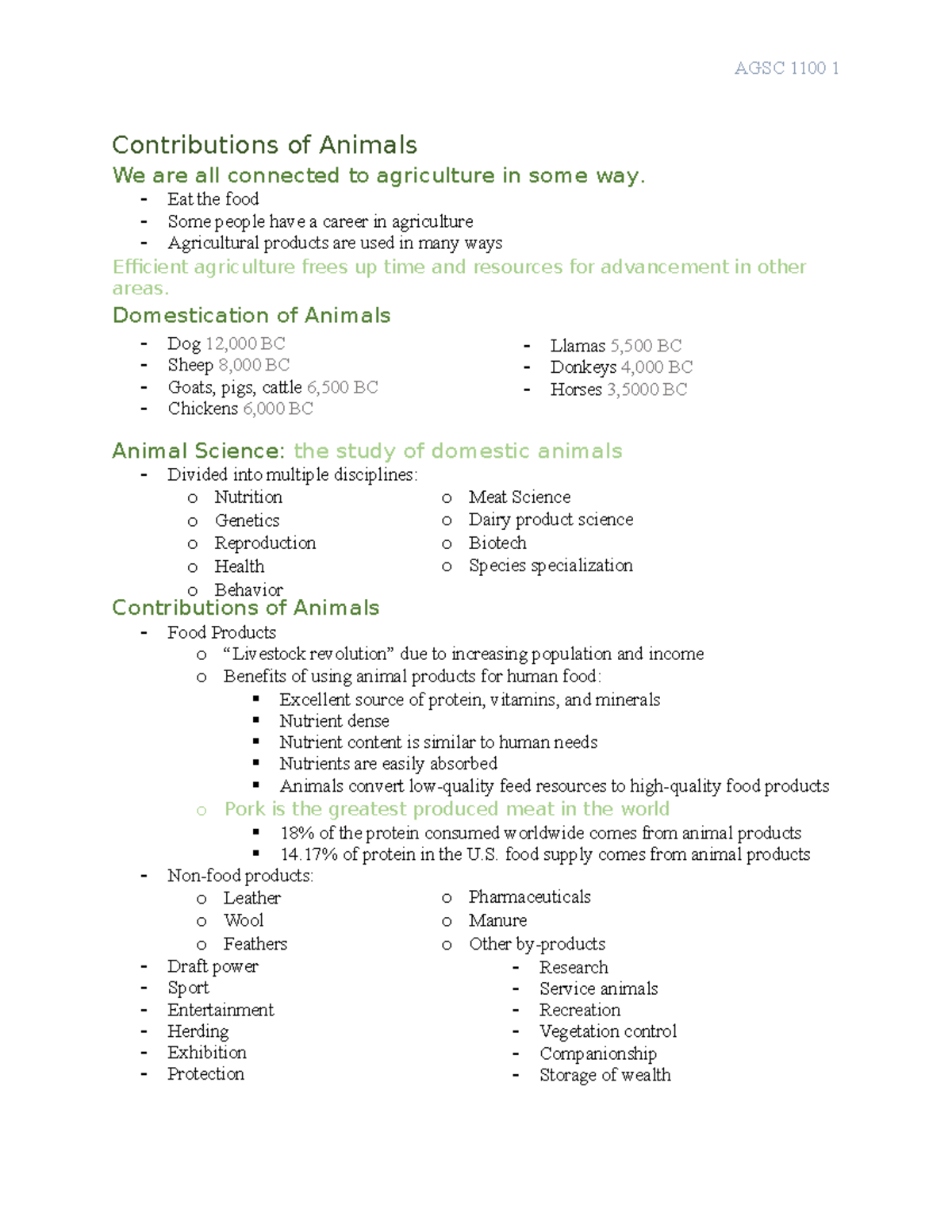 AGSC 1100 Contributions of Animals Notes - AGSC 1100 1 Contributions of ...