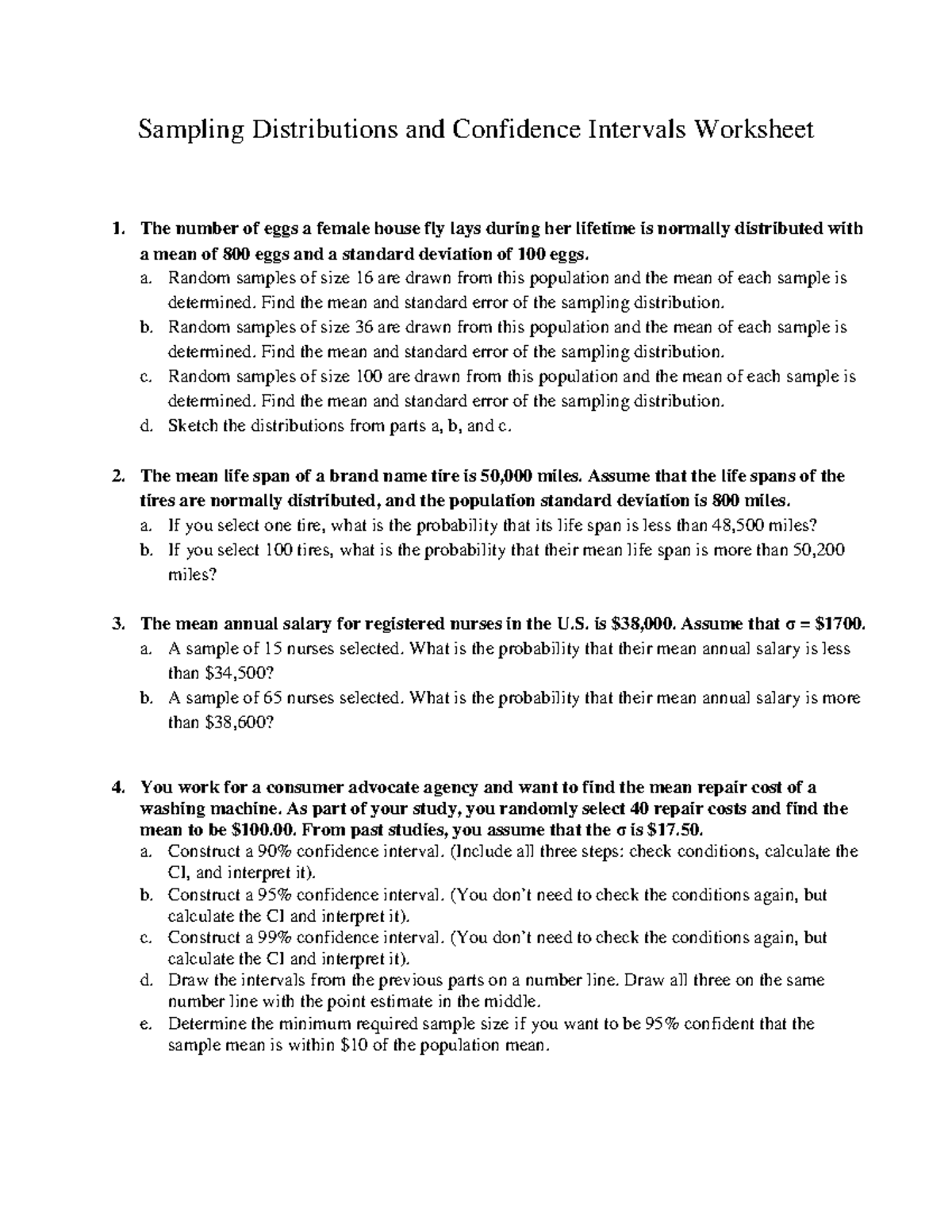 Samplind Distributions and Confidence Intervals Worksheet - a. Random ...