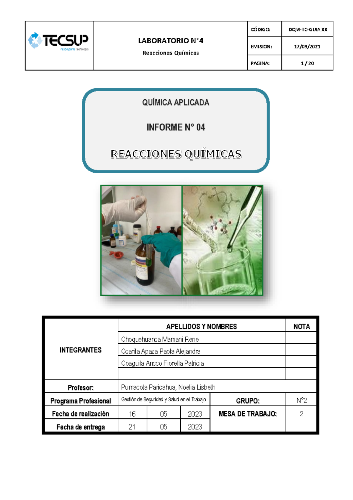 Informe DE Laboratorio NRO 4 Reacciones Químicas Grupo NRO 2 ...