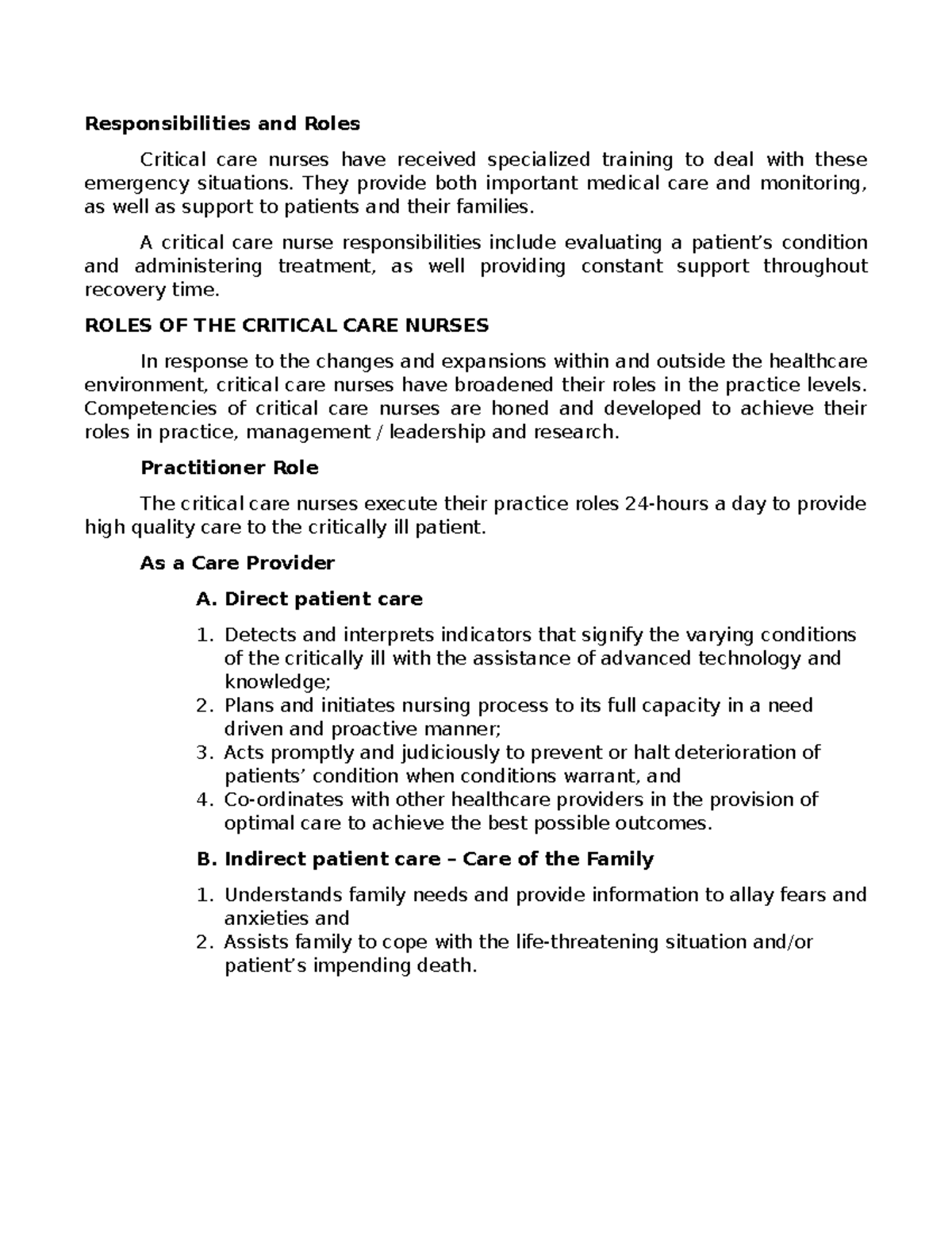 Responsibilities and Roles - Responsibilities and Roles Critical care ...