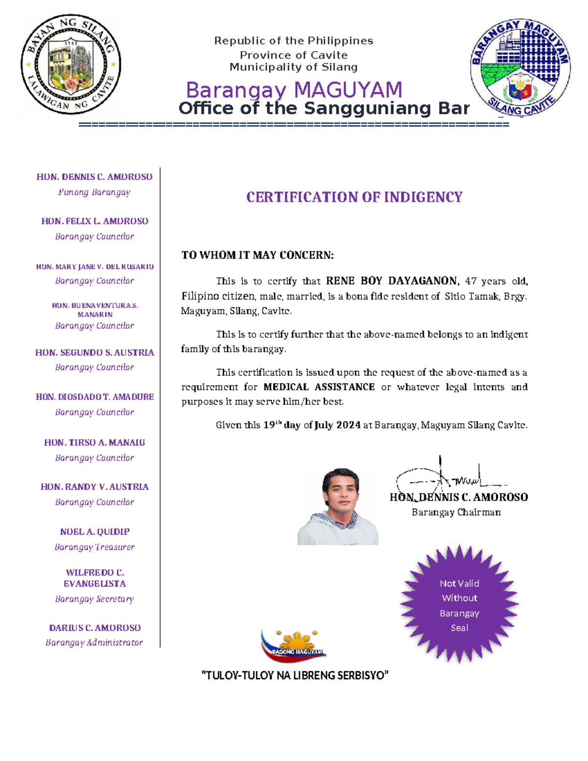 Indigency - for give - Not Valid Without Barangay Seal “TULOY-TULOY NA ...