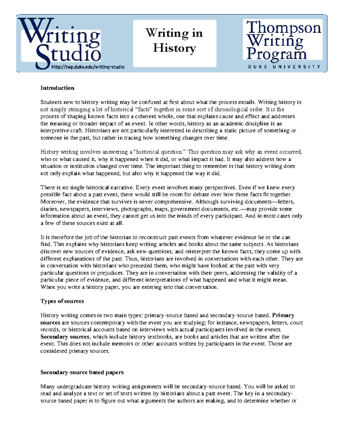 History - N/A - Writing in History Introduction Students new to history ...