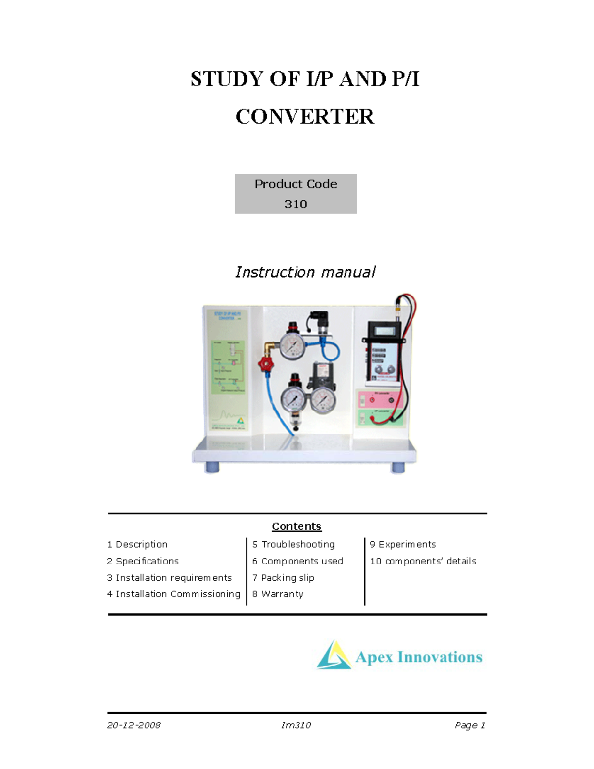 Im310 - LAB CALCULATIONS - STUDY OF I/P AND P/I CONVERTER Instruction ...