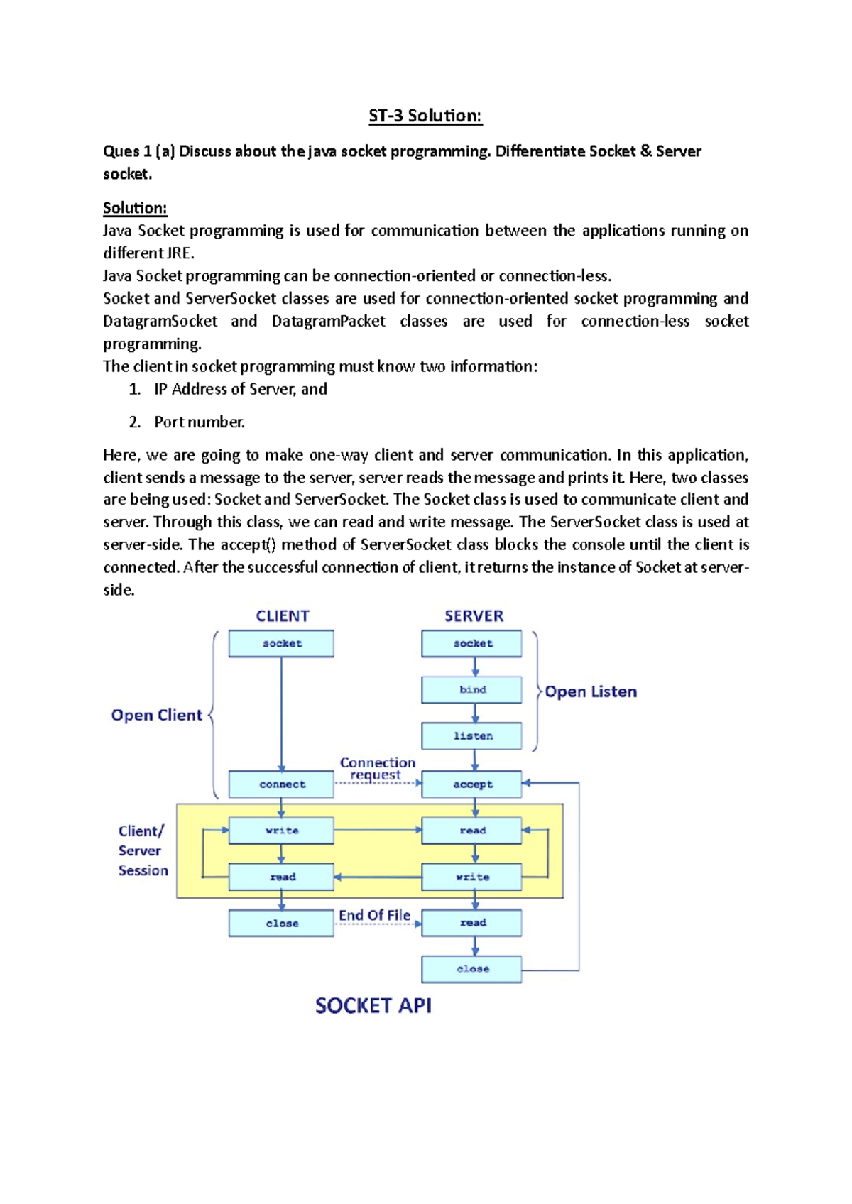 WT (KCS602) ST3 solution - ST-3 SoluƟon: Ques 1 (a) Discuss about the java socket programming ...