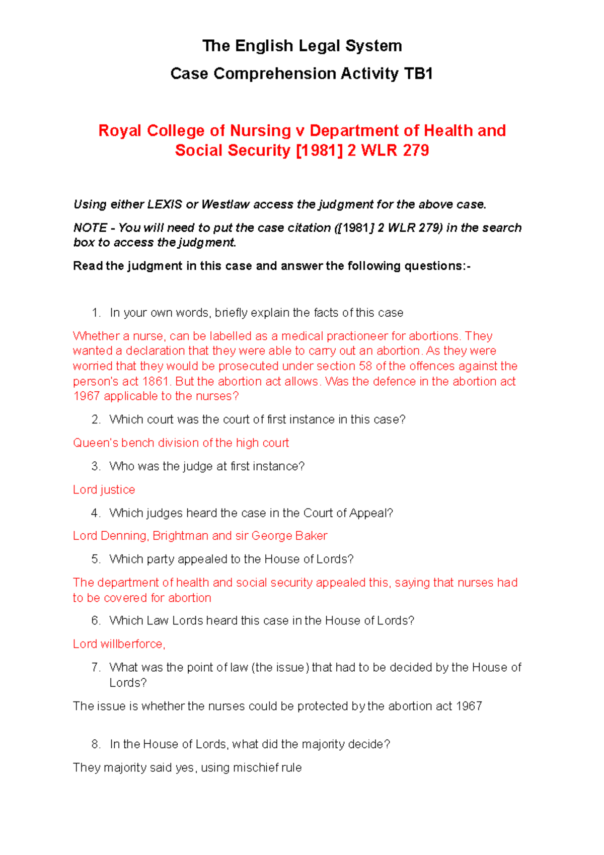 Case comprehension activity - The English Legal System Case ...