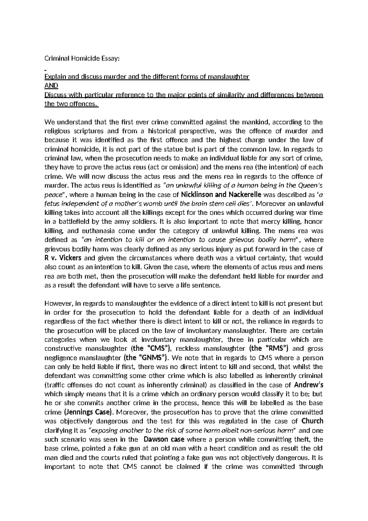 Criminal Homicide Essay - Criminal Homicide Essay: Explain and discuss ...