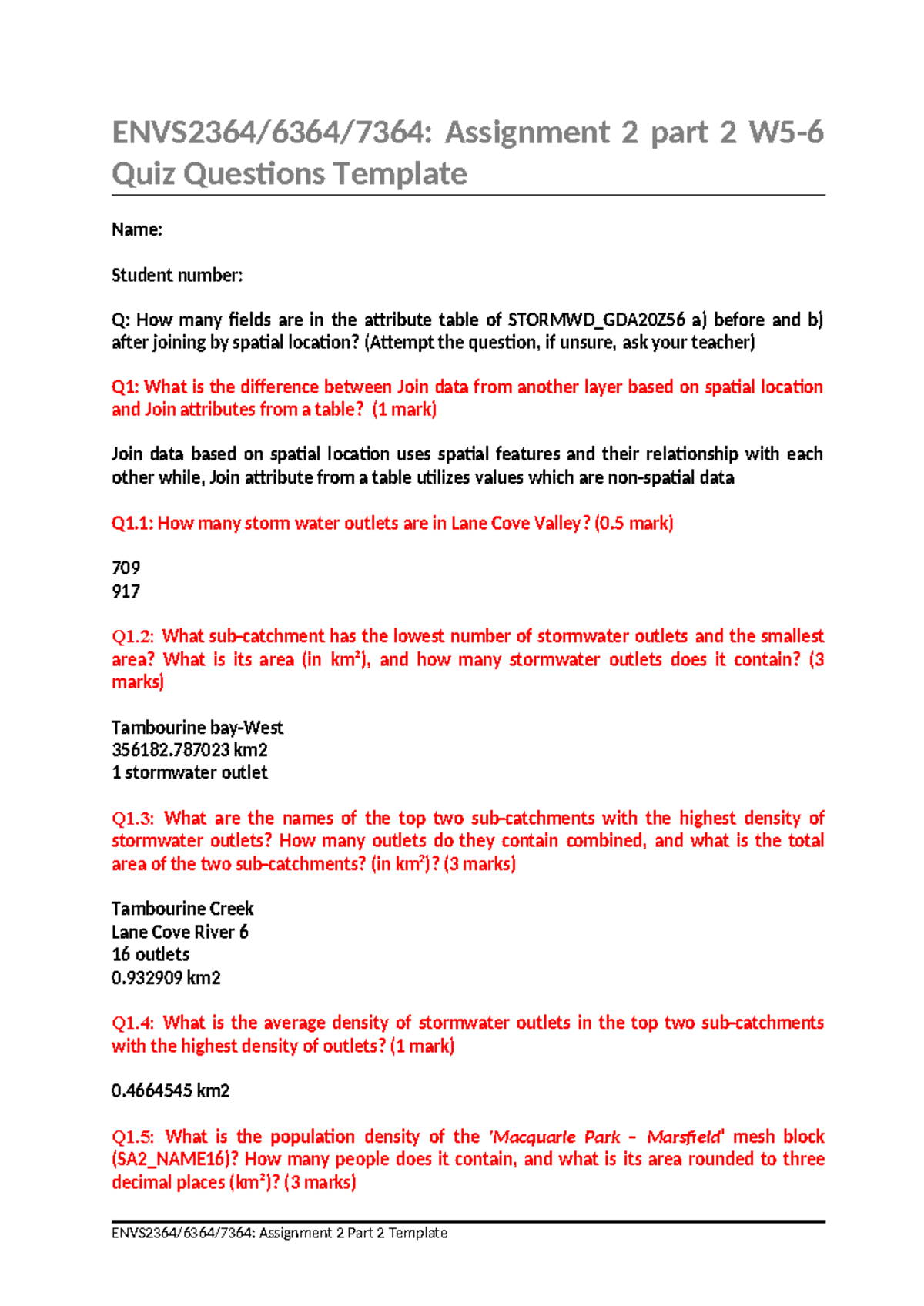 Answers Template for Assignment 2 Part 2 - ENVS2364/6364/7364: Assignment 2 part 2 W5- Quiz ...