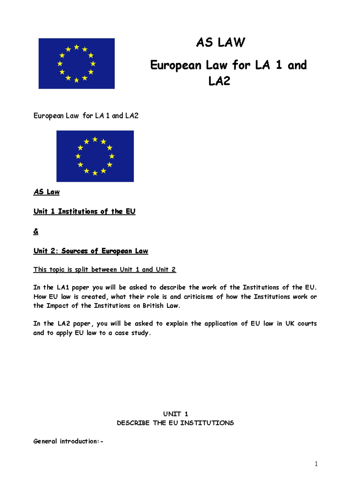 EU Law Workbook - European Union Law - AS LAW European Law for LA 1 and ...
