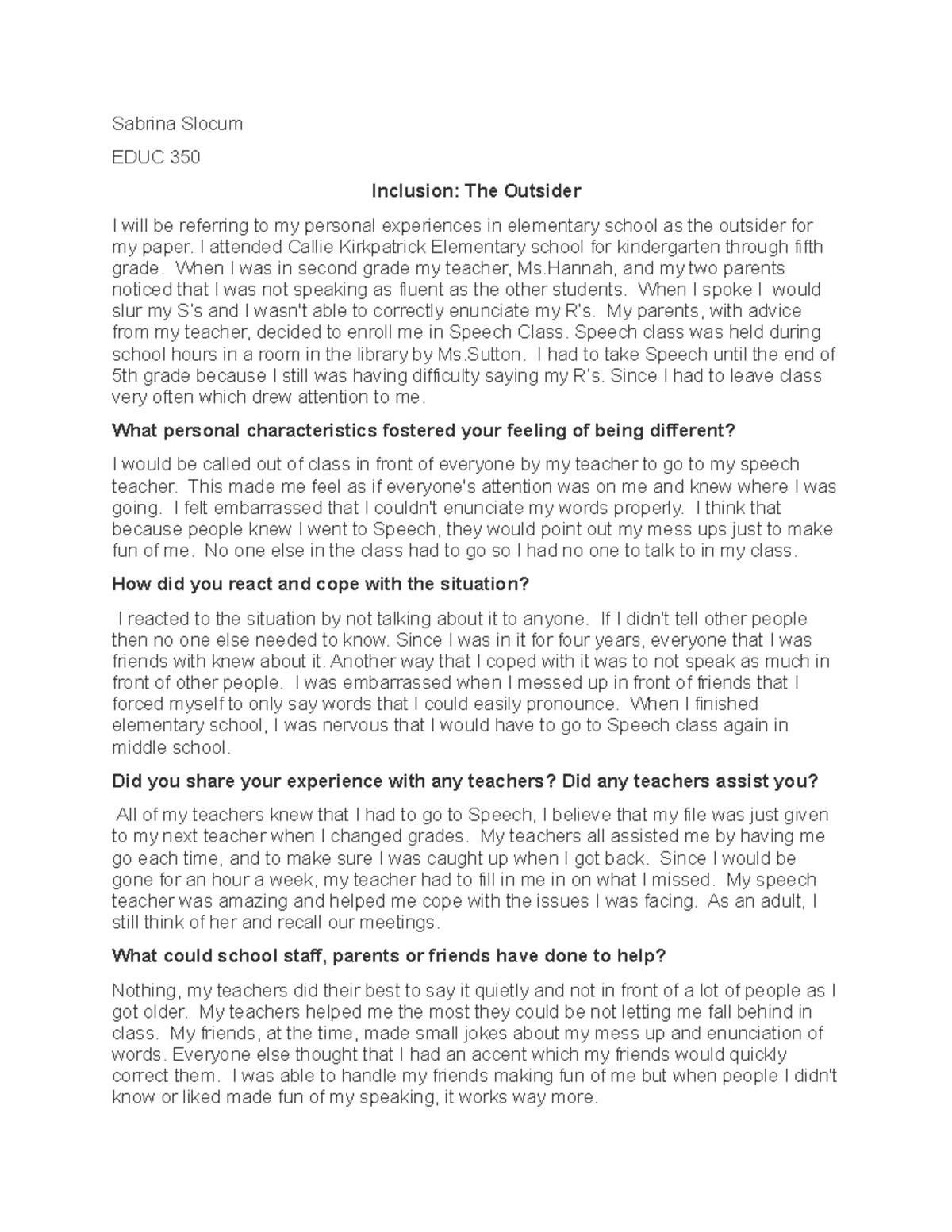 Inclusion: The Outsider - I attended Callie Kirkpatrick Elementary ...