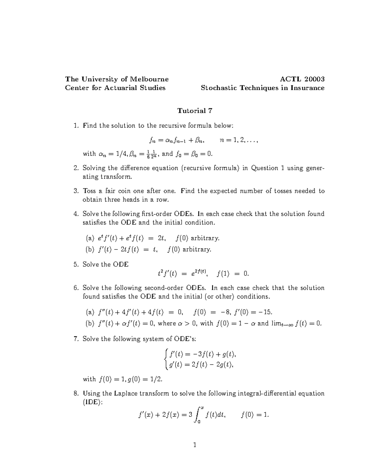 Tu7-2022-ACTL2000 3 - Tutorial 7 - The University of Melbourne ACTL ...