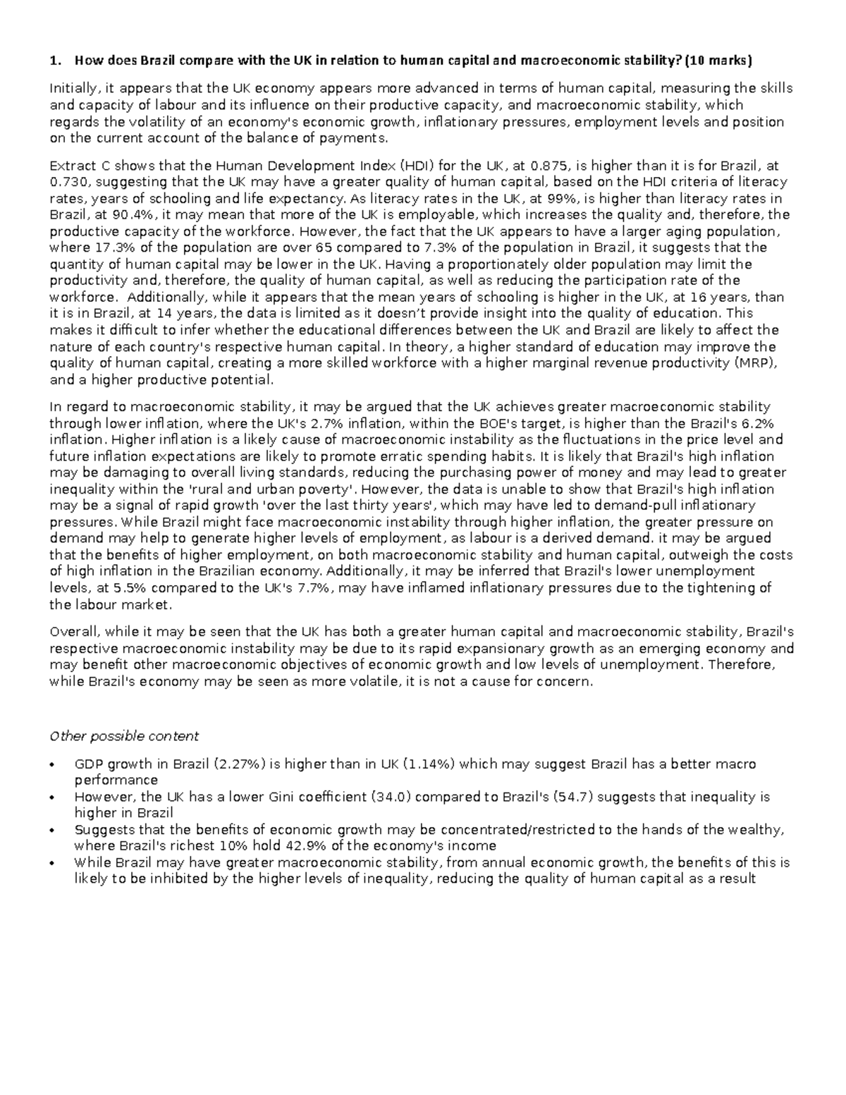 Brazil synoptic paper for 25 marker essay - 1. How does Brazil compare with the UK in relation ...