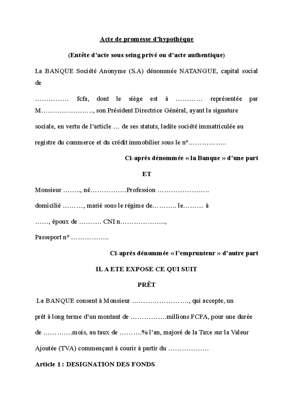 Acte hypoth Ã¨que - Acte de promesse d’hypothèque (Entête d’acte sous seing privé ou d’acte ...