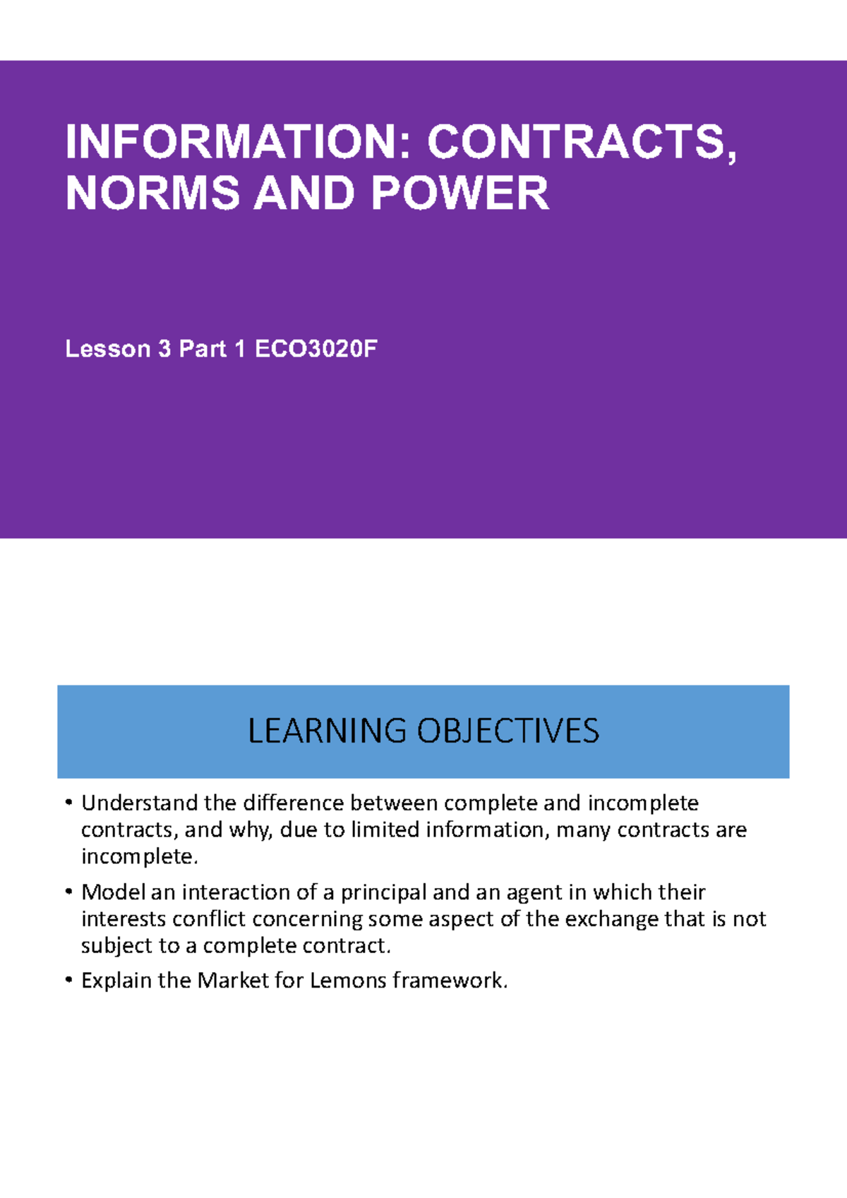 Lesson 3 - P1 Final - INFORMATION: CONTRACTS, NORMS AND POWER Lesson 3 ...