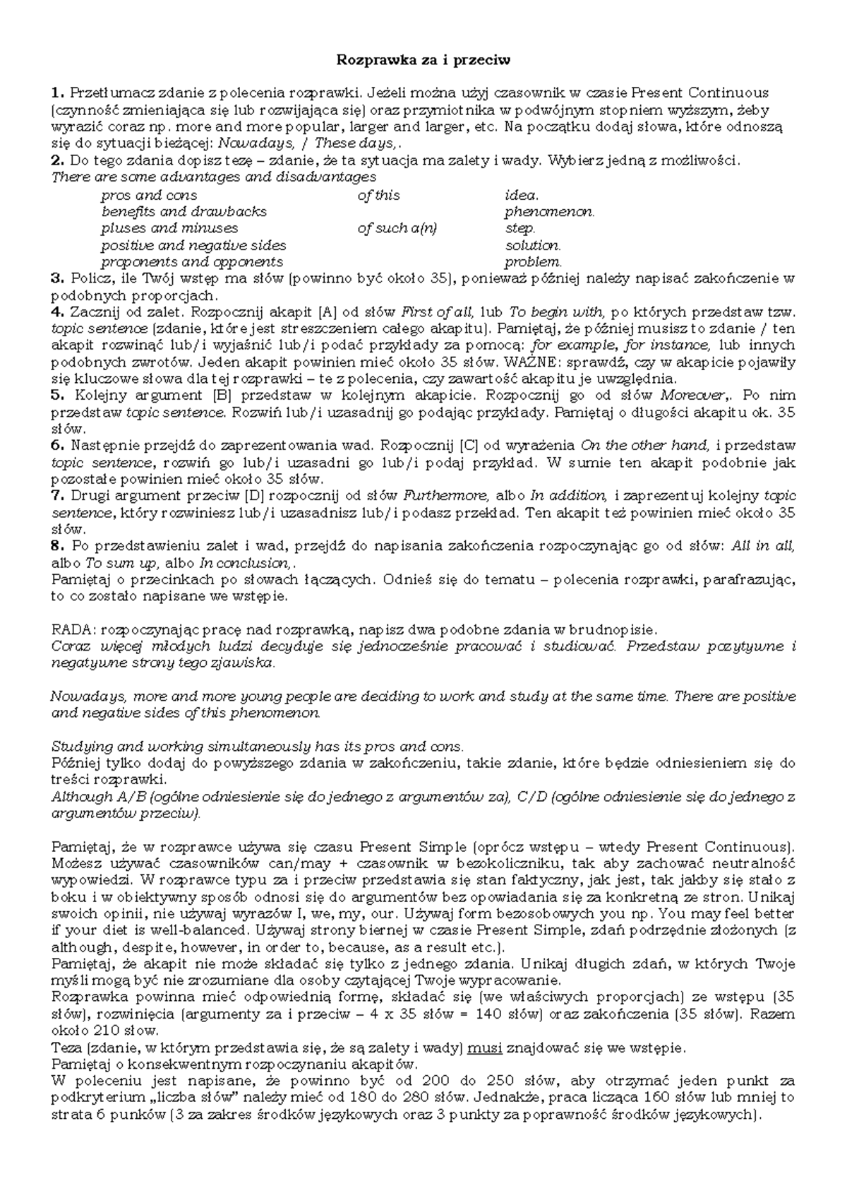 PR rozprawka za i przeciw instrukcja — kopia dla uczniów - Rozprawka za i przeciw Przetłumacz ...