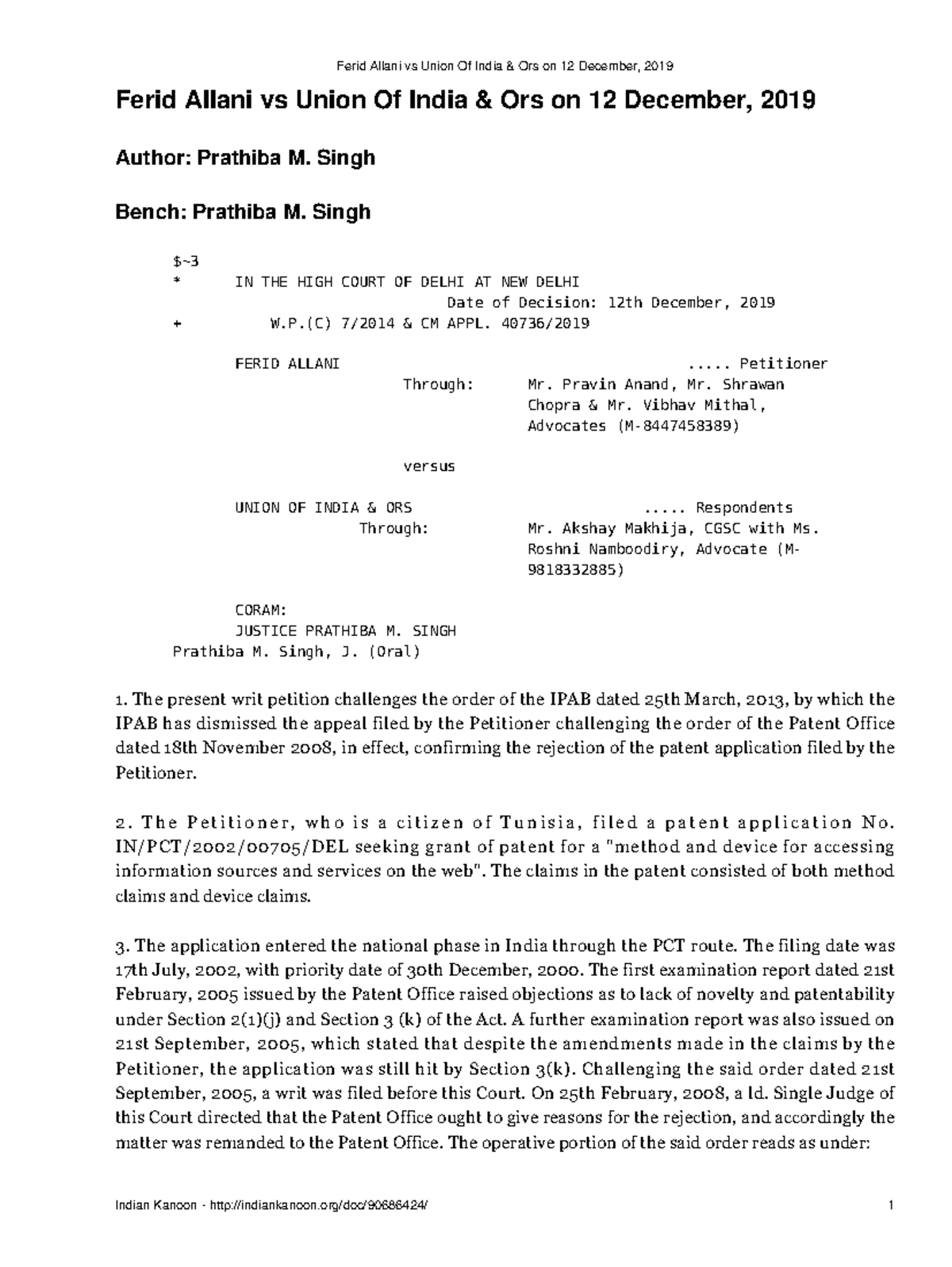 Ferid Allani vs Union Of India Ors on 12 December 2019 - Ferid Allani ...