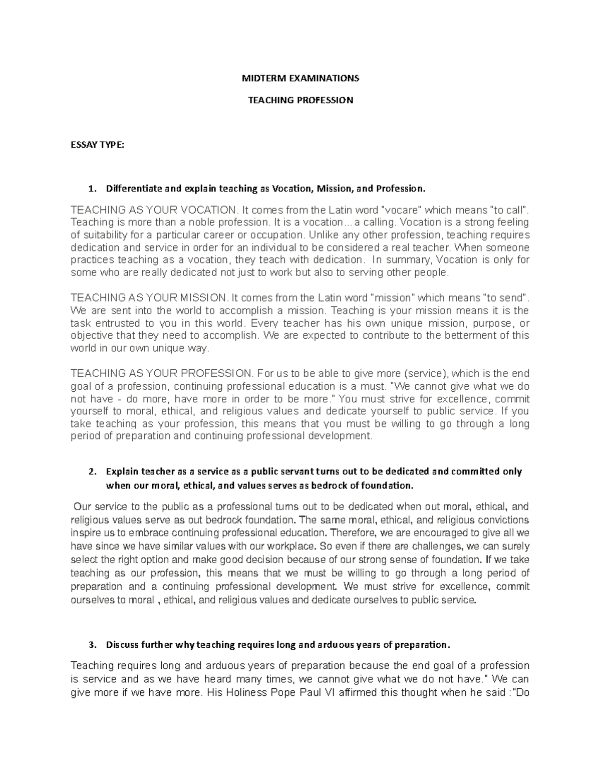 Midterm- Examination-Teaching-Profession key answer - MIDTERM ...