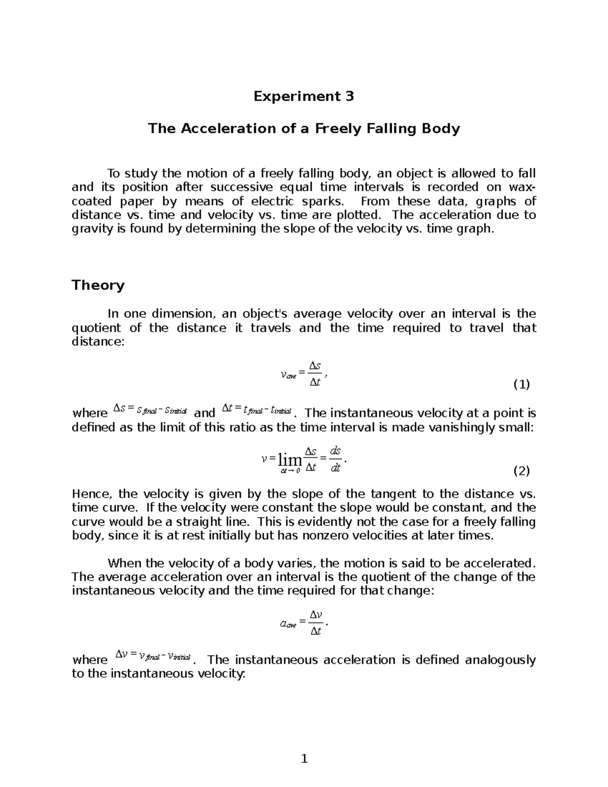 Phys 21 Acceleration due to gravity - Experiment 3 The Acceleration of ...