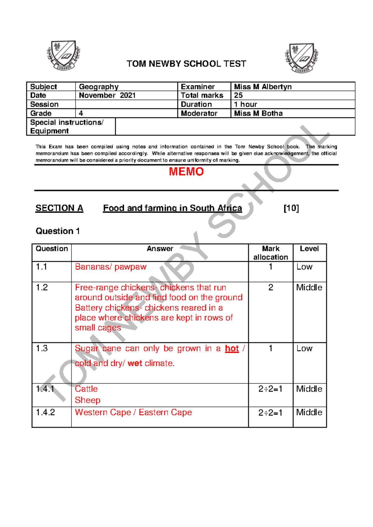 Grade 4 Geography Memo November 2021 - TOM NEWBY SCHOOL TEST Subject ...