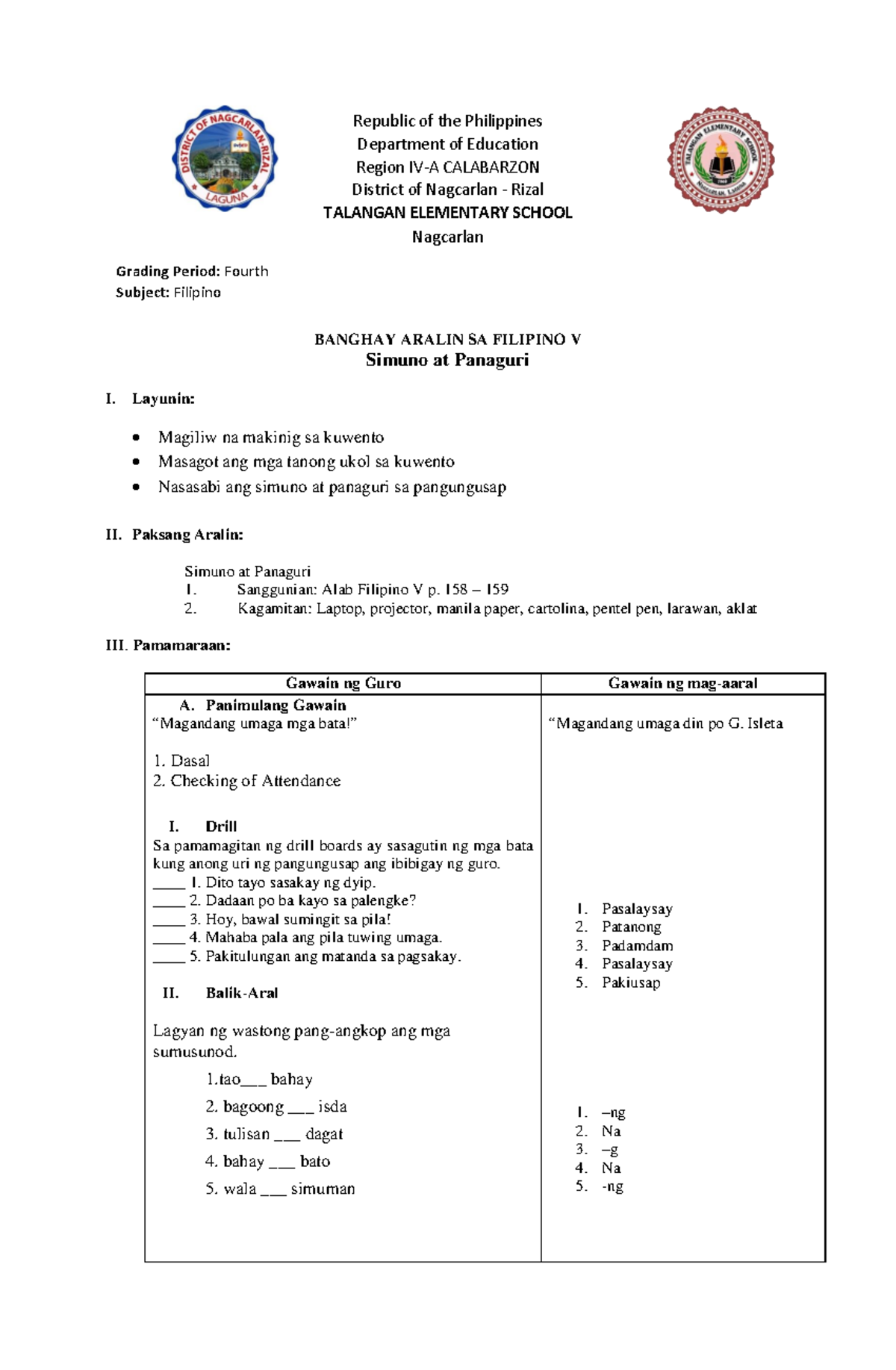 Ilide - more about lesson plan - BANGHAY ARALIN SA FILIPINO V Simuno at ...
