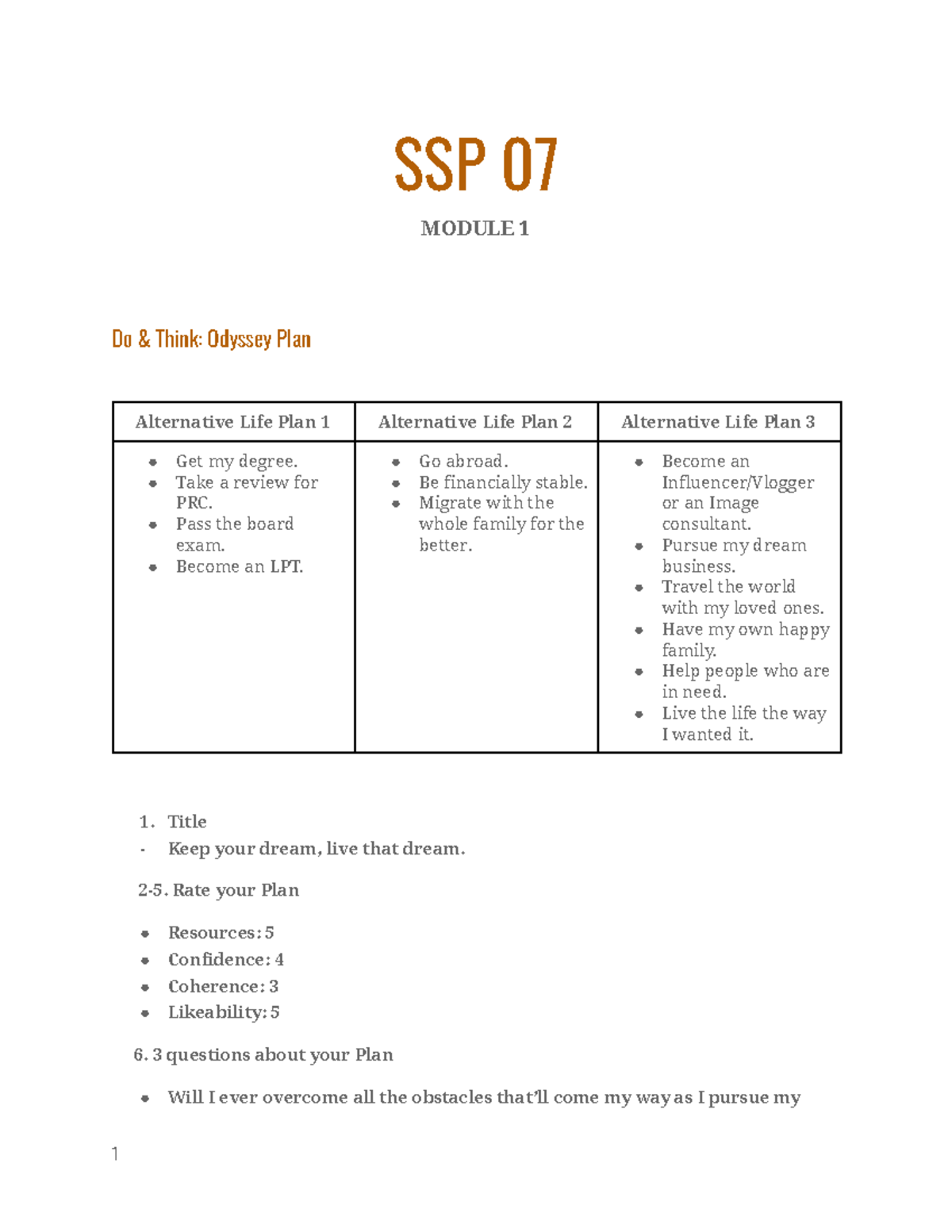 Lesson plan - SSP: activity 1 - SSP 07 MODULE 1 Do & Think: Odyssey Plan Alternative Life Plan 1 ...