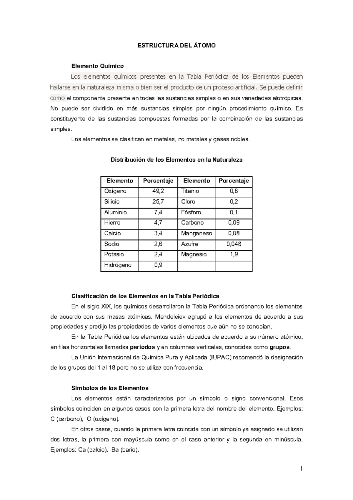 Tema Átomo - ESTRUCTURA DEL ÁTOMO Elemento Químico Los elementos ...