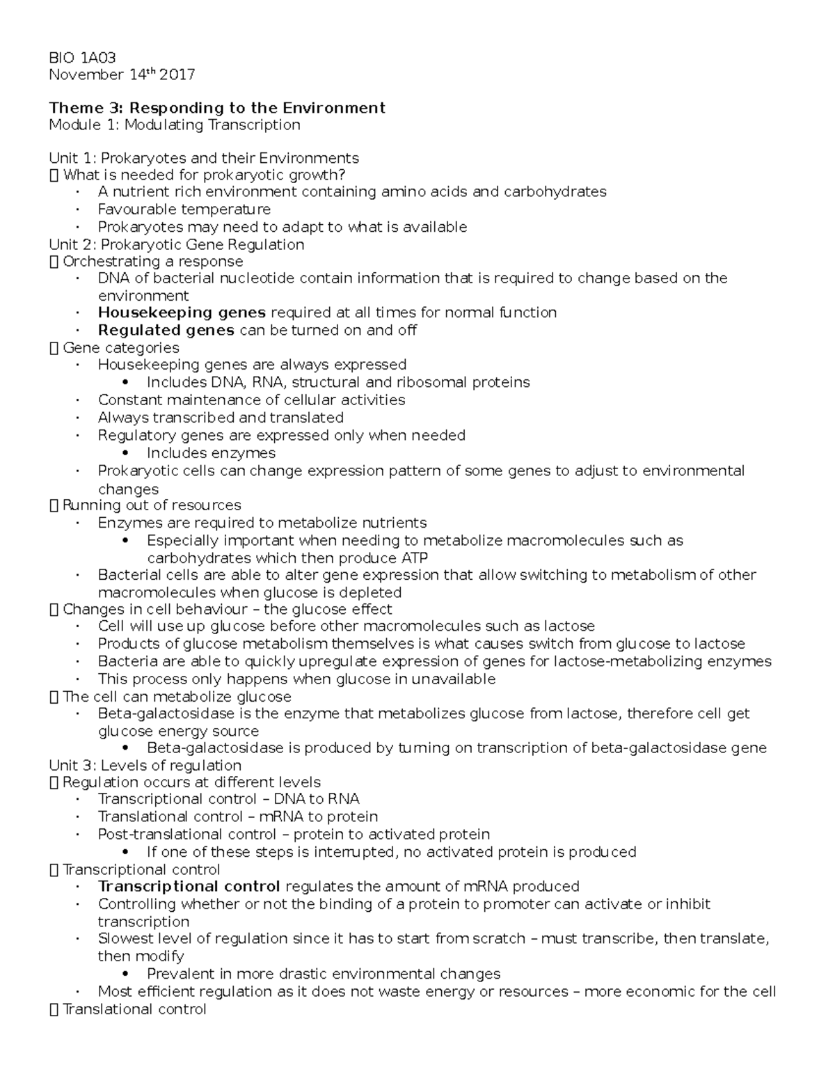 BIO 1A03 Test 2 Notes - klllk - BIO 1A November 14th 2017 Theme 3 ...