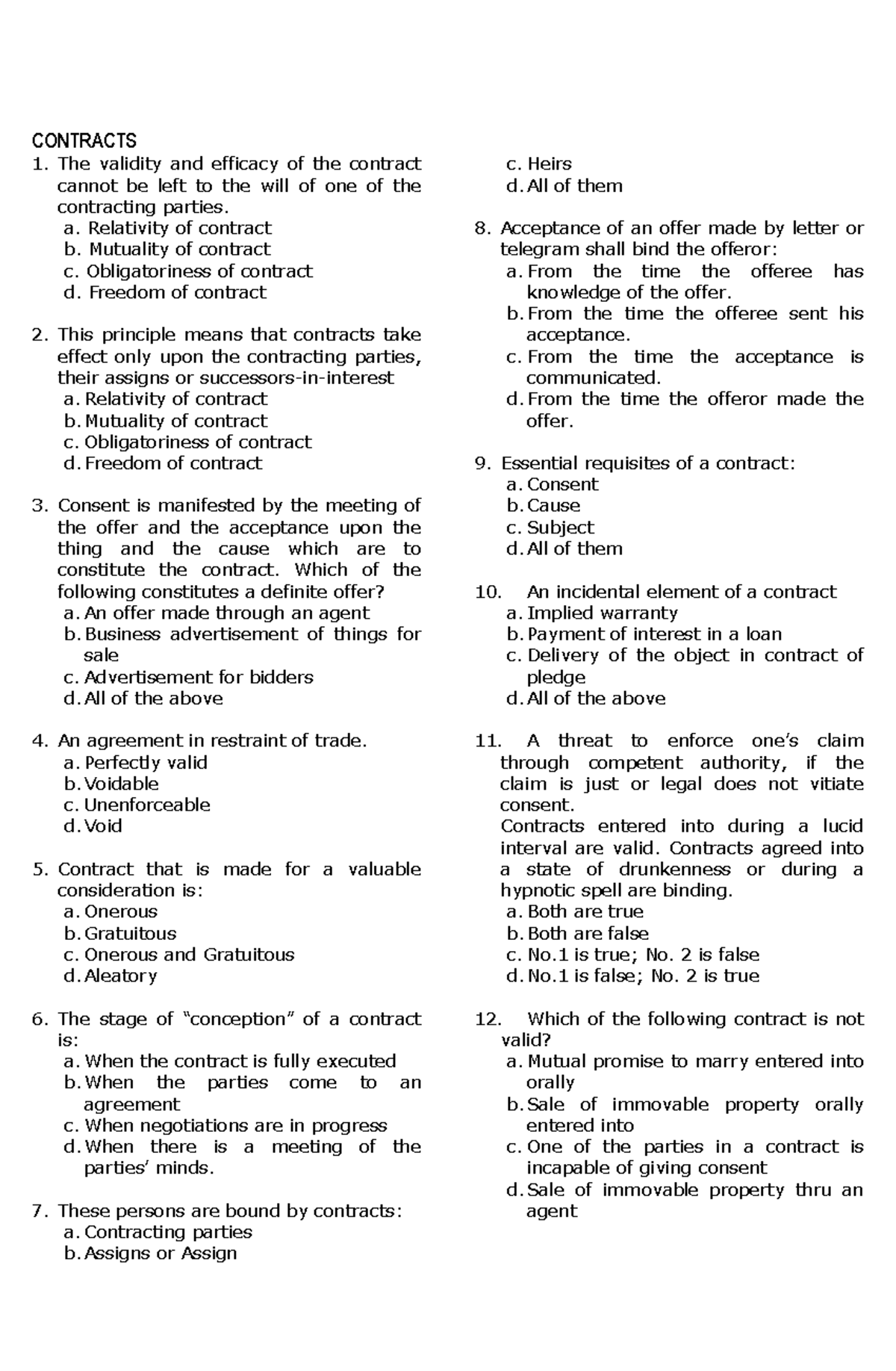 Questions-Contracts - Notes/Practice materials in COntracts - CONTRACTS ...