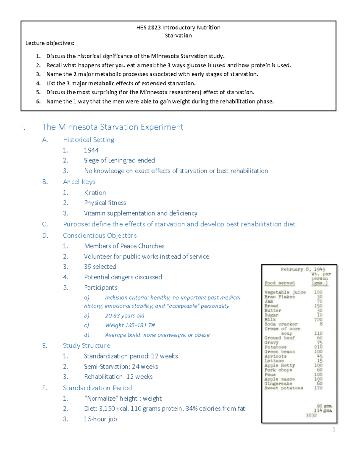 Starvation lecture notes - I. The Minnesota Starvation Experiment A ...