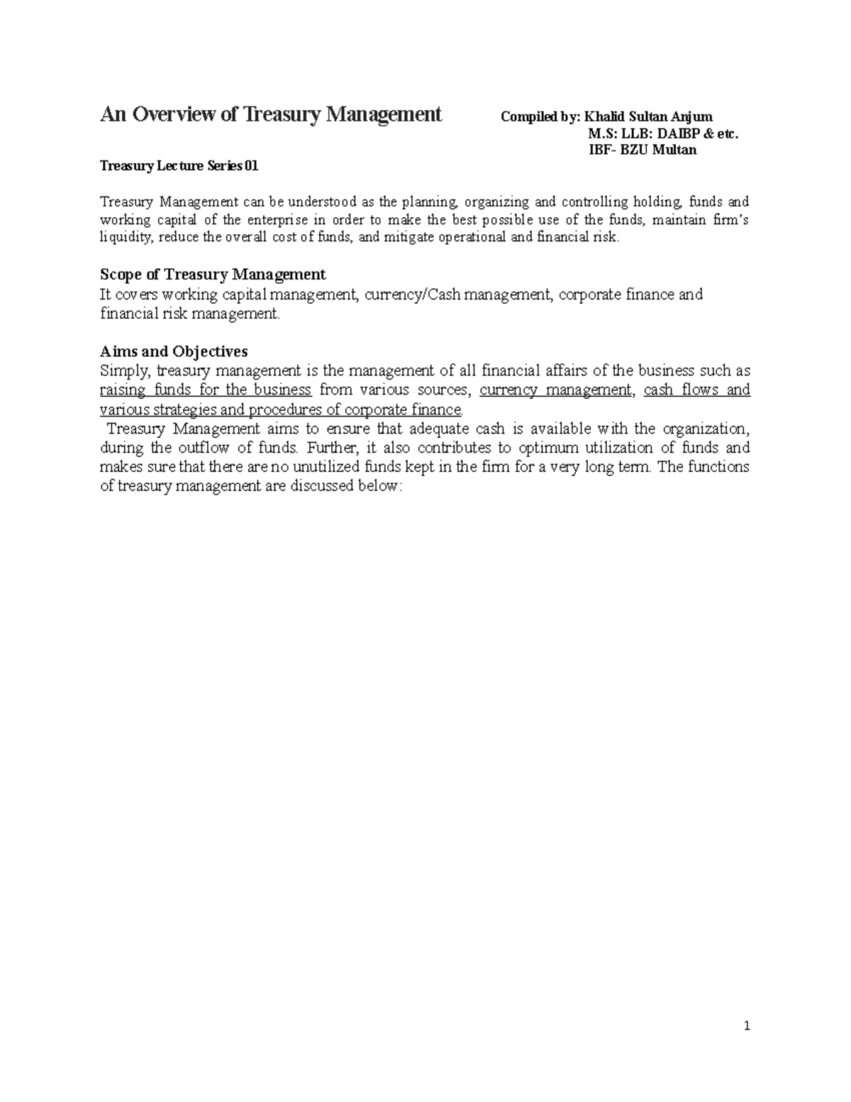 1-An Overview of Treasury Management - IBF- BZU Multan Treasury Lecture ...