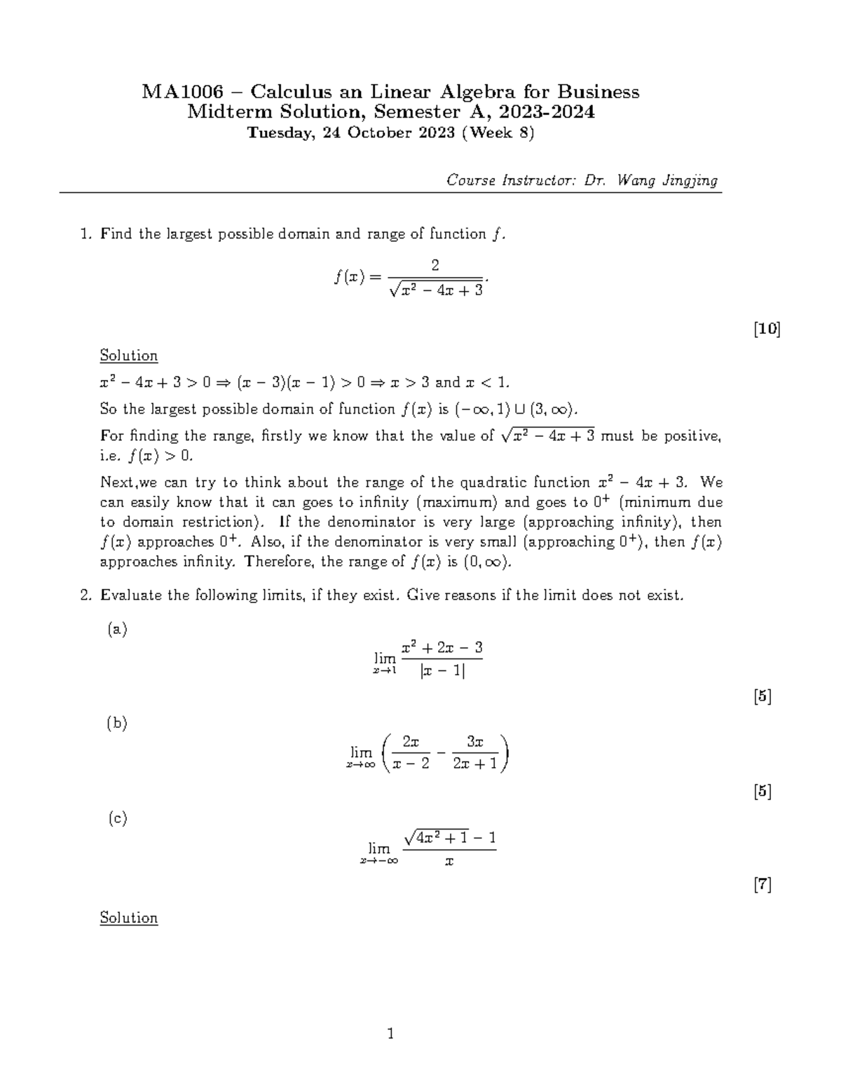 Midterm Exam Solution 2023 Sem A - MA1006 – Calculus an Linear Algebra ...