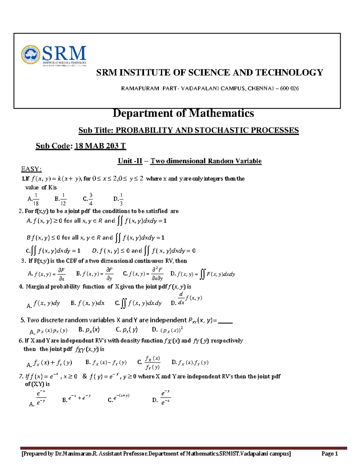 Unit Two Two Dimensional Random Variable Srm Institute Of Science
