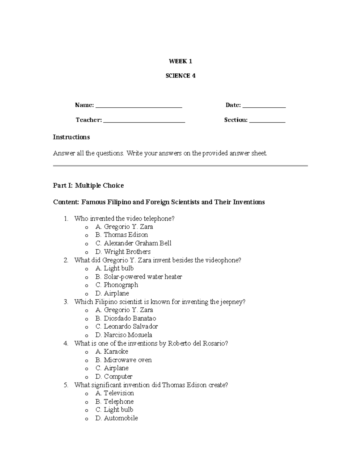 SUM TEST-WEEK 1- Science 4 - WEEK 1 SCIENCE 4 Name ...