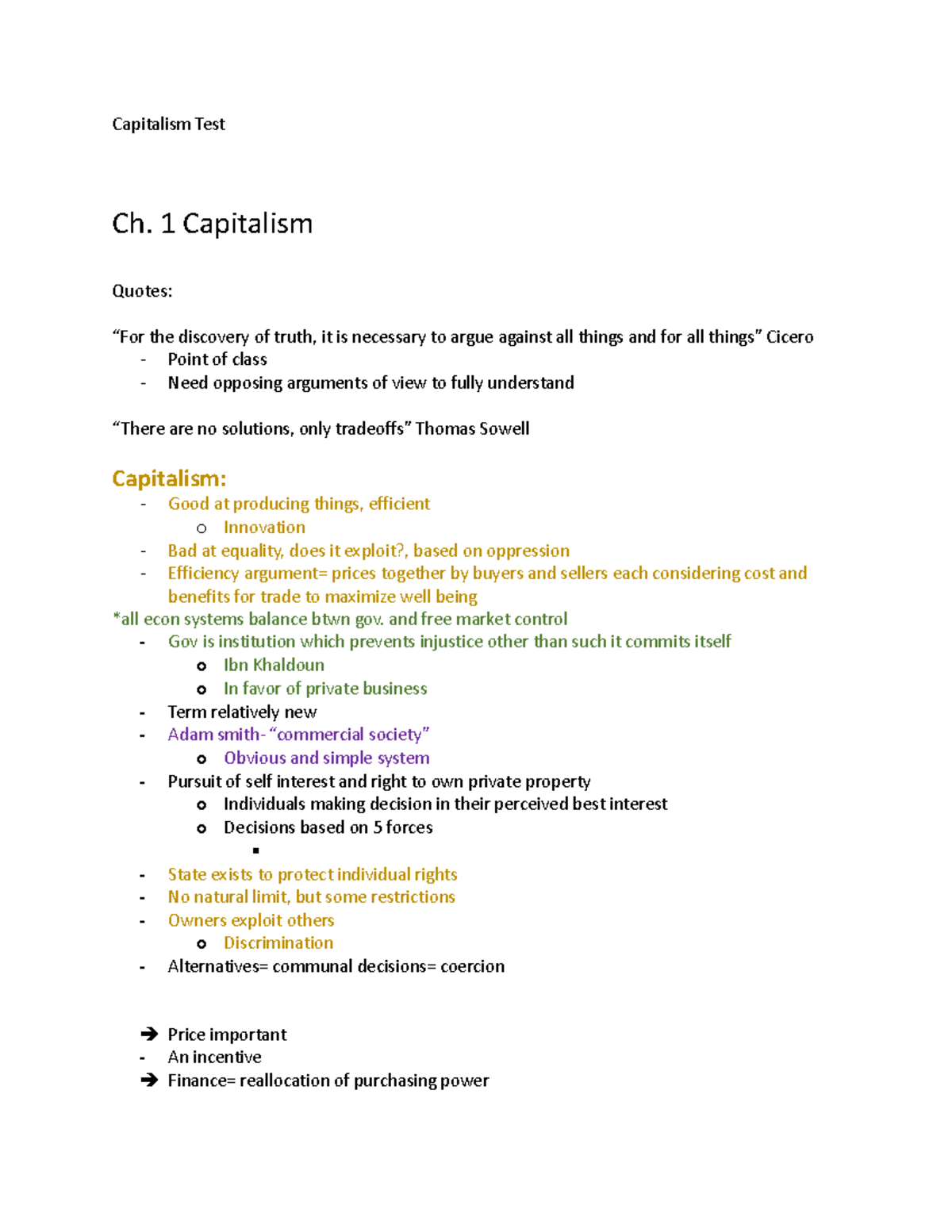 Capitalism Test Notes - Capitalism Test Ch. 1 Capitalism Quotes: “For ...