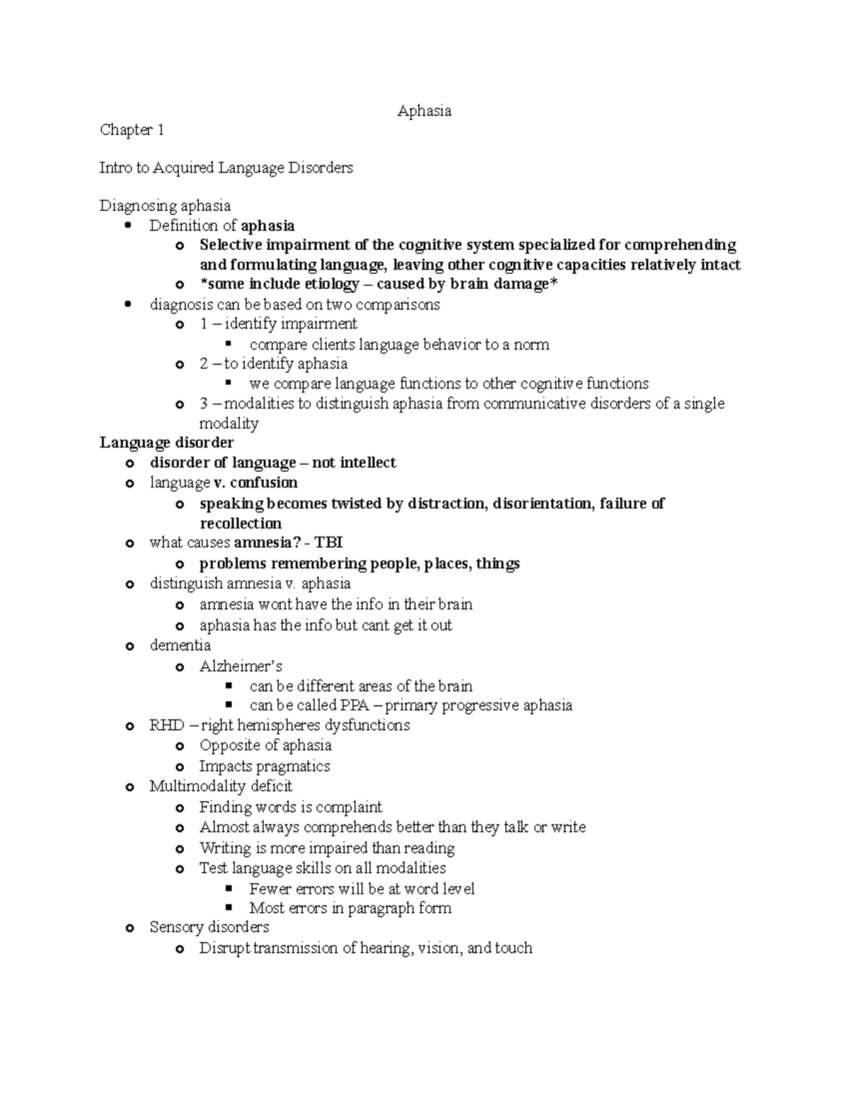 Aphasia chapter 1 outline - Aphasia Chapter 1 Intro to Acquired ...