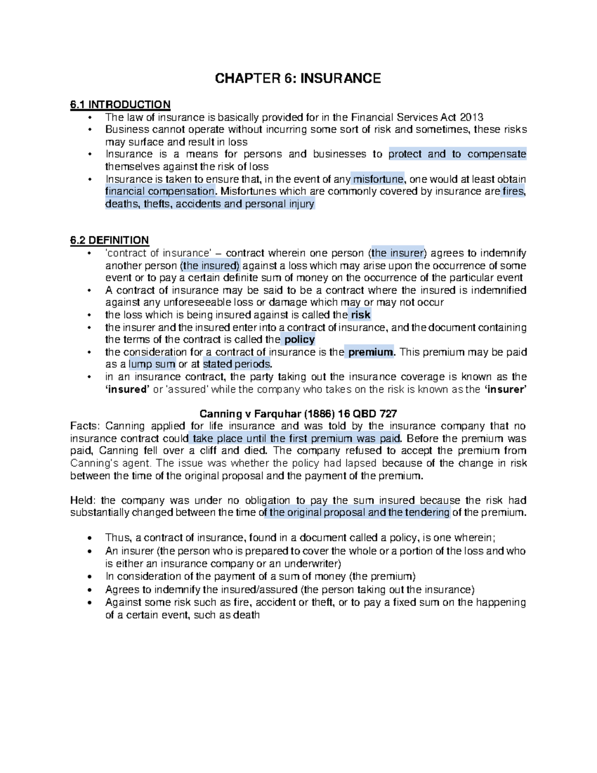 Chapter 6 - Insurance complete notes - CHAPTER 6: INSURANCE 6 ...
