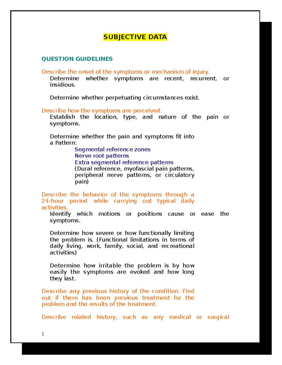 PT Assessment Guide - SUBJECTIVE DATA QUESTION GUIDELINES Describe the ...