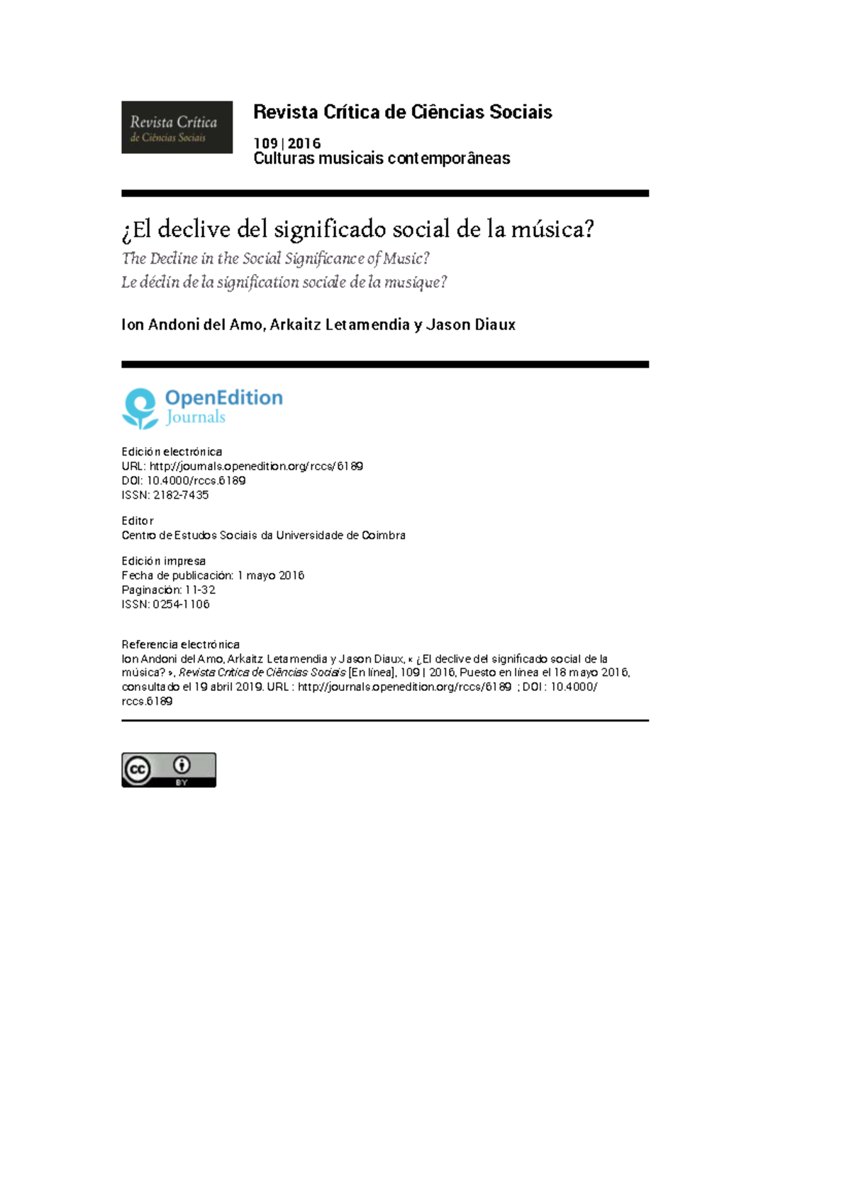 Lectura semana 2 - El declive del significado social de la música ...