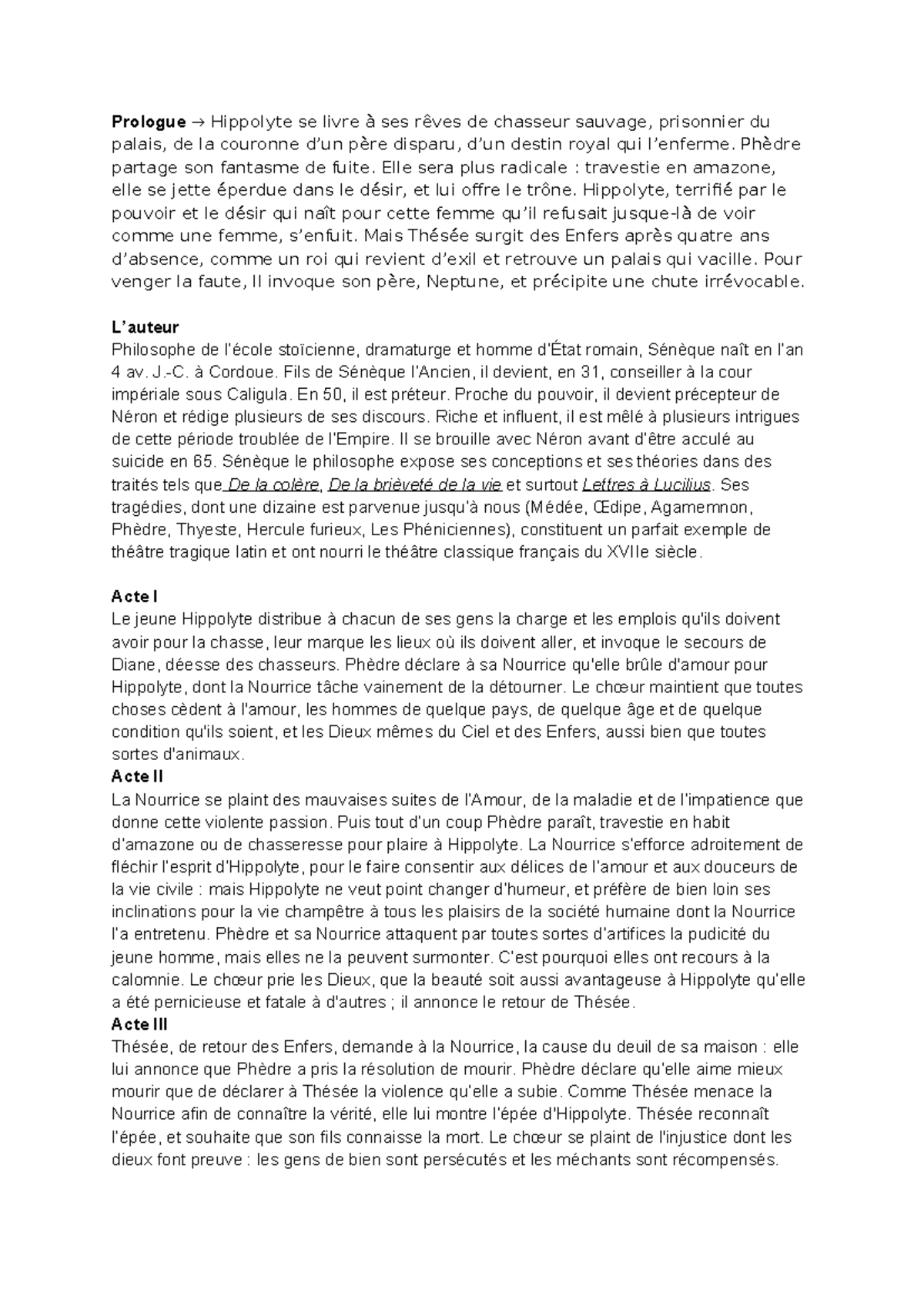 Phedre Seneque - Résumé Phèdre - Prologue → Hippolyte se livre à ses ...