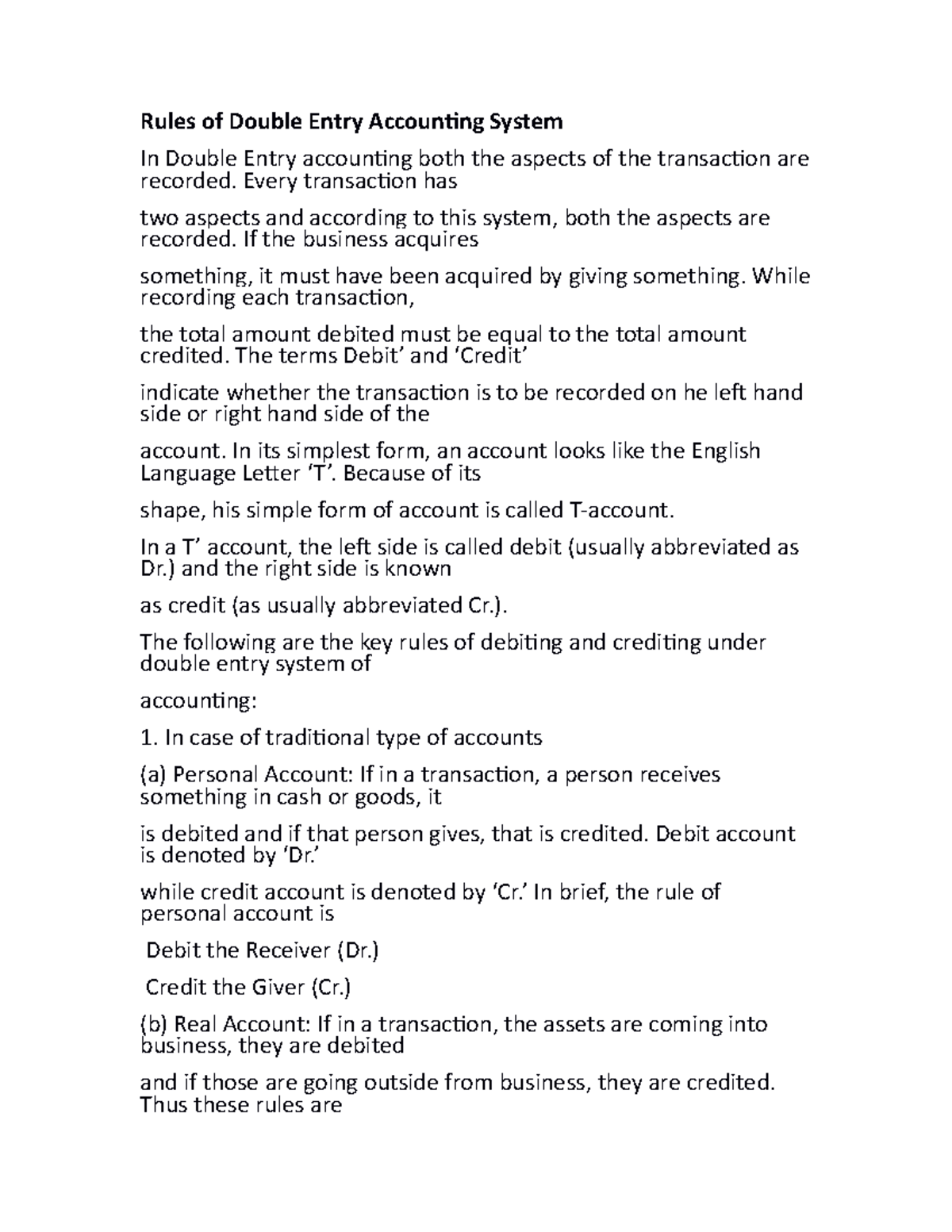 Rules of Double Entry Accounting System notes - Rules of Double Entry ...