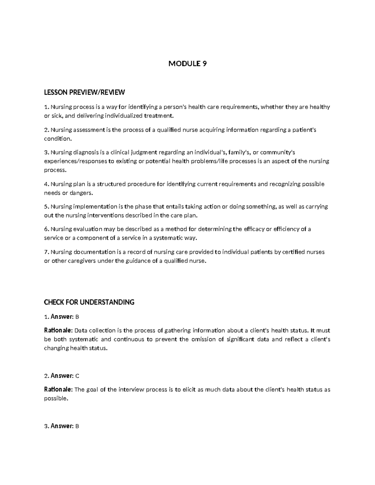 Module - 9 - NUR 091 - MODULE 9 LESSON PREVIEW/REVIEW Nursing process ...